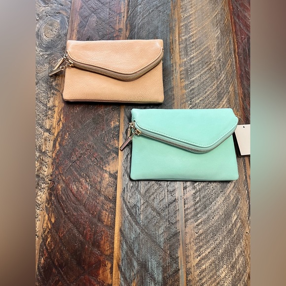 Bags | Two Faux Leather Small Clutches Tan Green Clutch Handbag W ...
